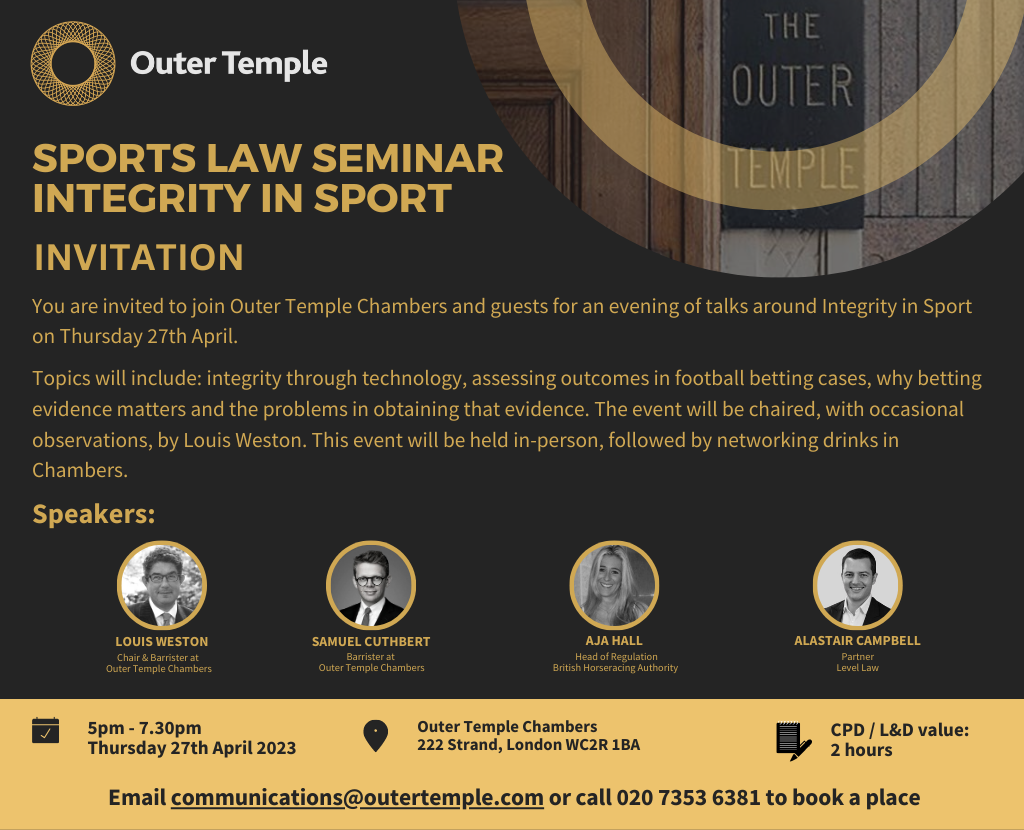 Event: Integrity In Sport Seminar on 27th April 2023 - Outer Temple ...
